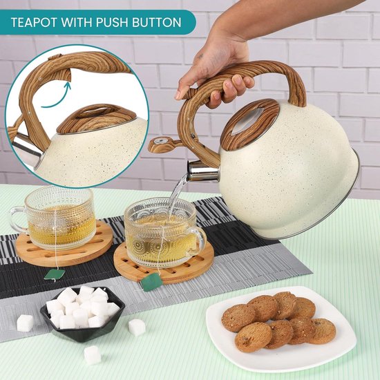 Beige Texture Whistling Tea Kettle - 3L Tea Pot for Stovetop/Induction ...