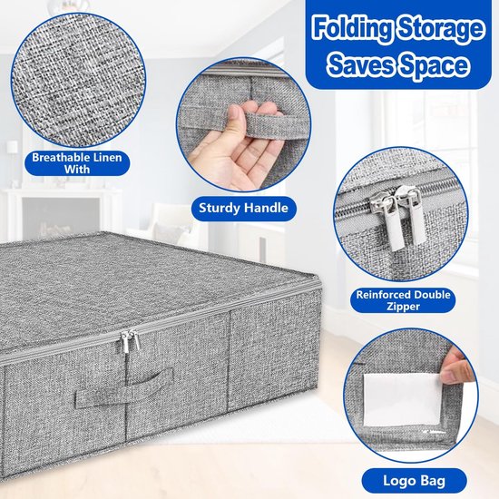 Set van 2 50 L opbergboxen voor onder het bed met deksel, grote, opvouwbare opbergzak,... | bol