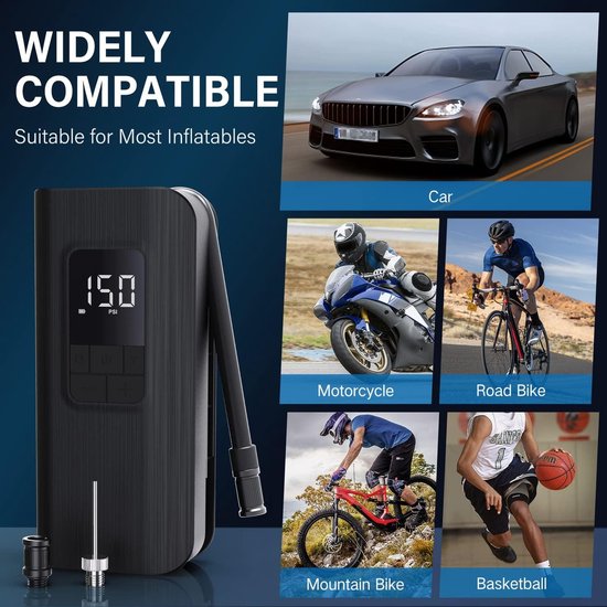 Draagbare luchtcompressor - Oplaadbare elektrische fietspomp 150 PSI - Draadloze... | bol