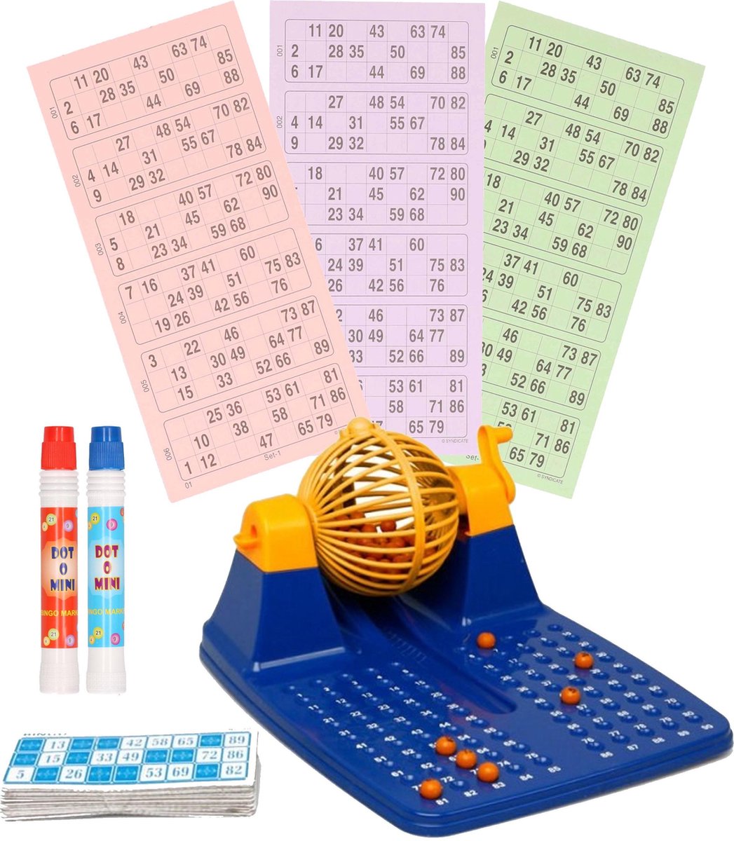 Bingo spel blauw/geel/oranje complete set 25 x 22 cm nummers 1-90 met ...