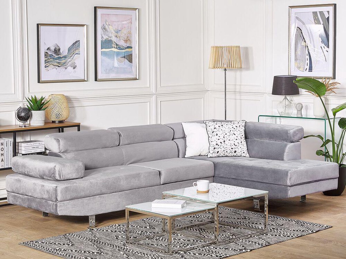 Beliani NORREA - Corner Sofa - Grijs - Fluweel | bol.com