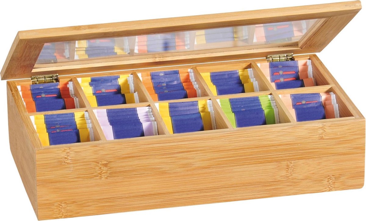 Bamboe houten theedoos/theekist met 10 vakken 20 x 36 x 9 cm ...