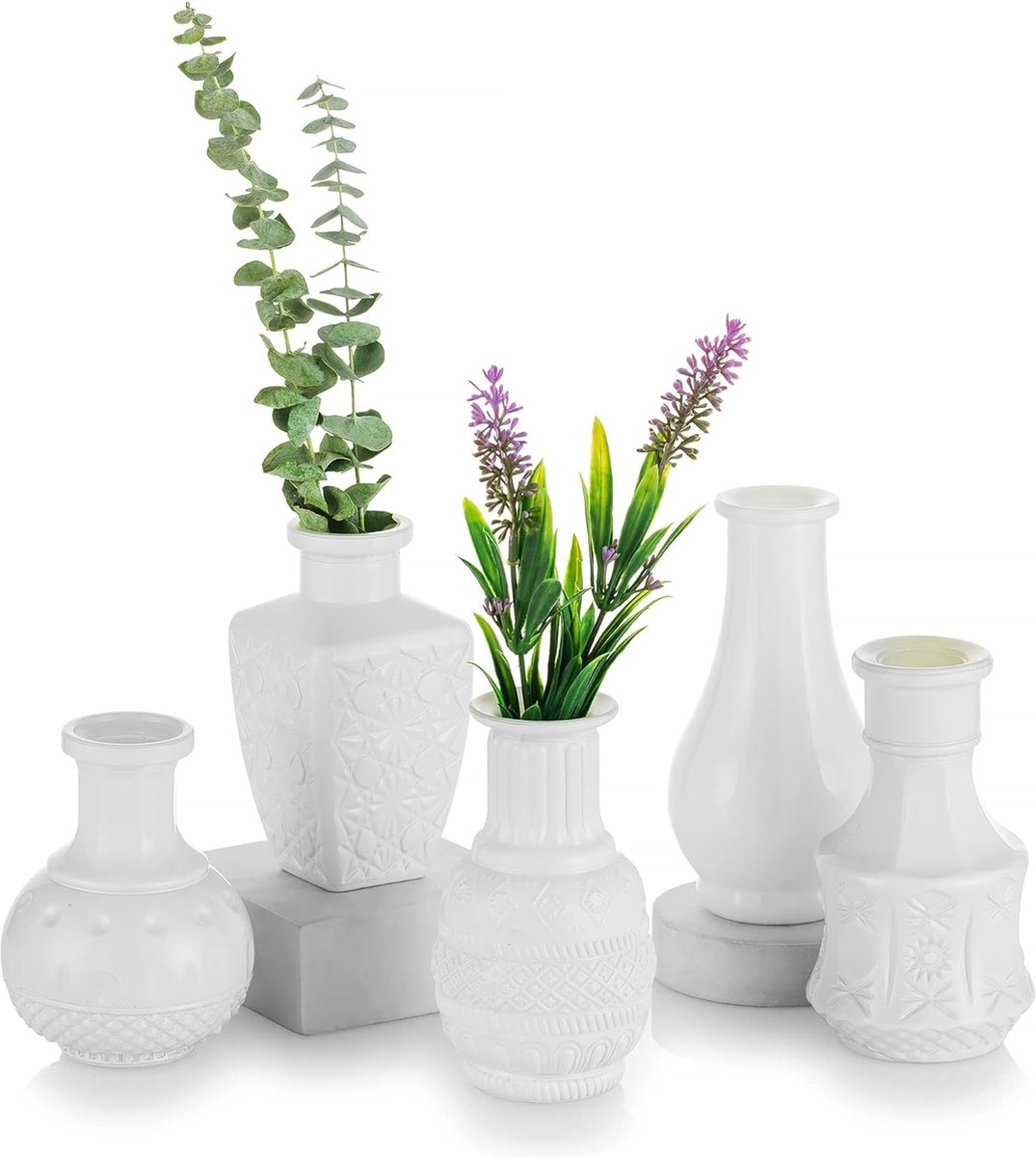 Vaas Wit Glas Kleine, Witte Decoratieve Vazen Set van 5 Mini ...