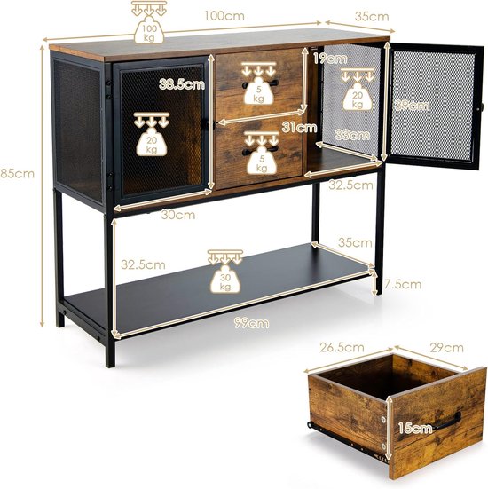 Industriële buffet Dressoir, Accent Console Tafel met 2 Metaalgaas ...