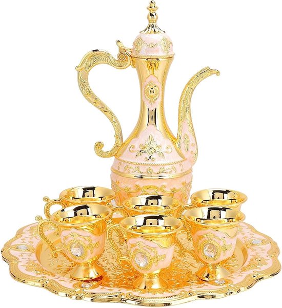 Turkse theeset, metalen theepot set met 6 koffiekopjes en theeblad, Art ...