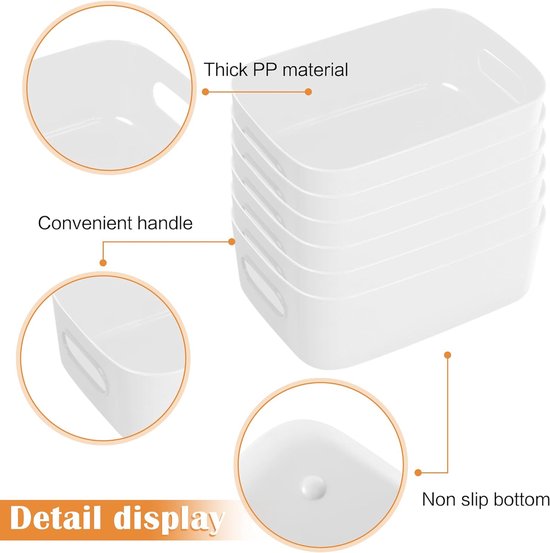 Set van 6 opbergdozen, plastic opbergdoos, wit, opbergdozen met handvat ...