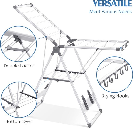 Droogrek, inklapbaar aluminium wasrek met 2 niveaus voor wasonderhoud ...