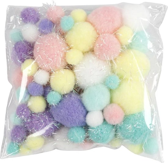 Pompons knutsel set - 124 grams - pastel kleuren mix - 15-40 mm - hobby ...