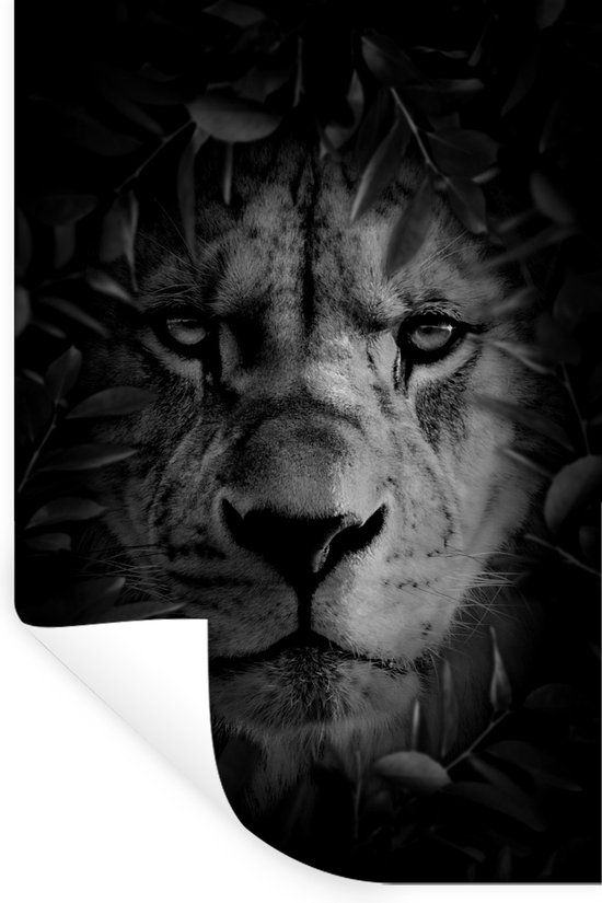 Muurstickers - Sticker Folie - Close-up van een leeuw met bladeren in de jungle -... | bol