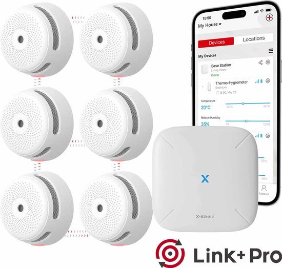 X-Sense Link+ Pro Slimme Rookmelder bundel - 6 XS01-M Rookmelders en ...