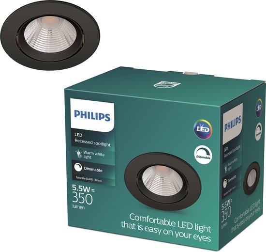 Philips Sparkle inbouwspot - Dimbaar - Warmwit licht - Zwart | bol