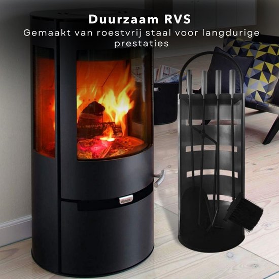 Cheqo® Luxe 5-delige Openhaardset - Zwarte RVS Accessoires - 65 x 22 x ...