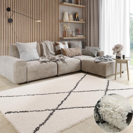 Tapijt Shaggy Luxe rechthoekig crème wit 180 x 120 cm - woonkamer ...