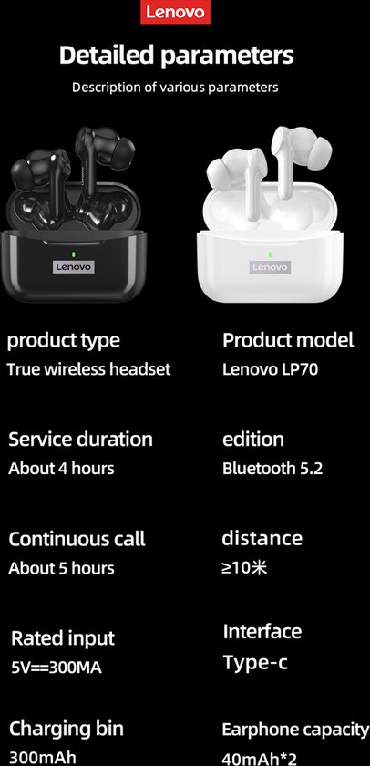 Lenovo LP70 Bluetooth 5.2 - Draadloze Oordopjes BT - Ruisonderdrukkende Met Mic... | bol