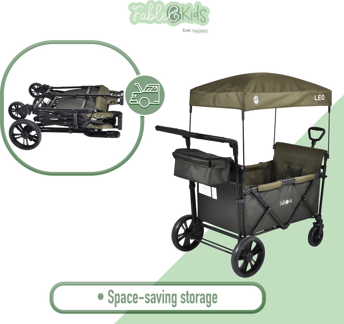 FableKids LEO X2 Lite Opvouwbare handkar met dak Safari Groen | bol.com