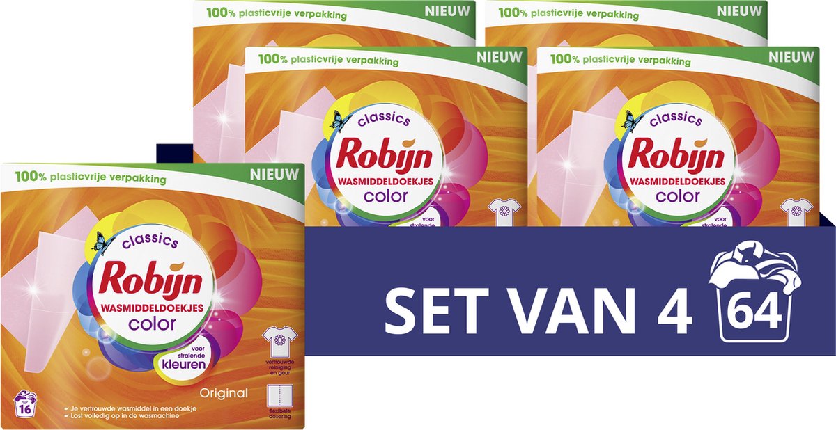 Robijn Classics Color Wasmiddeldoekjes - 4 x 16 wasstrips ...