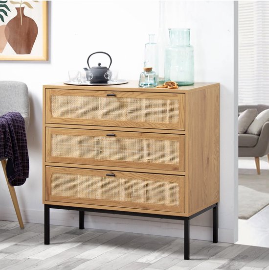 Ladekast met 3 Lades en Rotan Front - L80 x P39 cm | bol.com
