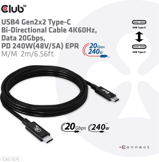 CLUB3D CAC-1575 USB-kabel USB4 Gen 2x2 USB C Zwart | bol