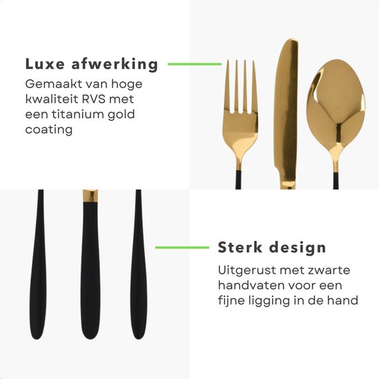 Cheqo® Luxe Bestekset - Zwart Bestek - Goud Bestek - Gouden Bestekset ...