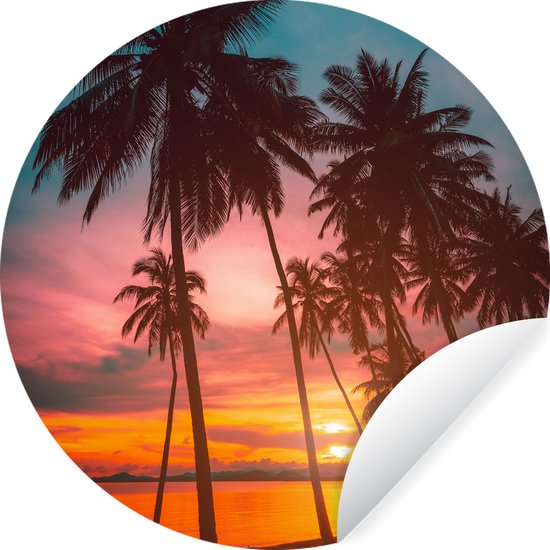 Behangcirkel - Cirkel behang - Palmboom - Strand - Zee - Zon - Zelfklevend behang -... | bol