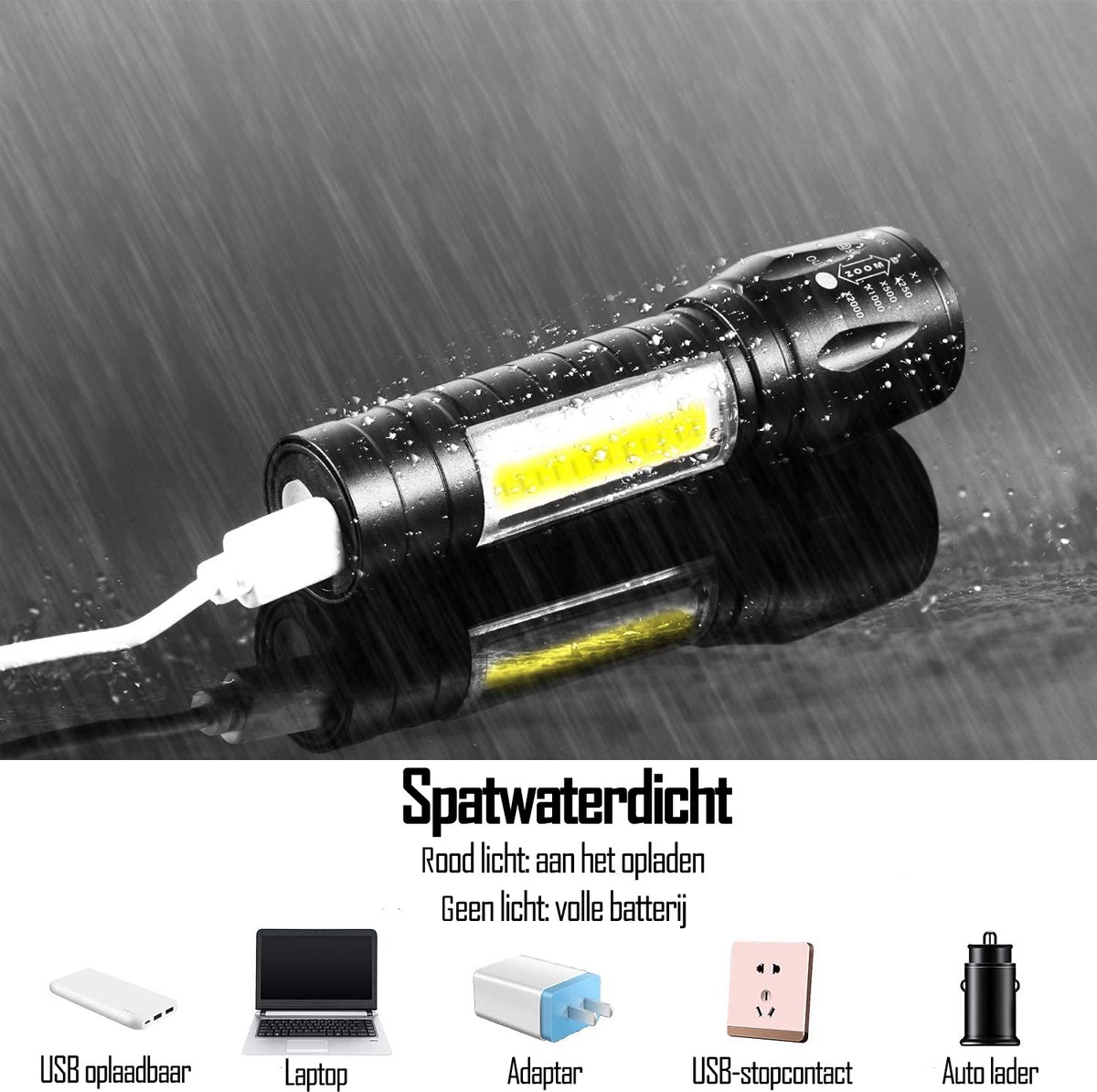 Qtronic Zaklamp LED oplaadbaar met zoomfunctie - Militaire zaklamp - Waterdicht - USB... | bol.com