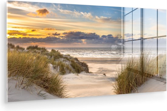 Glasschilderij - Foto op glas - Strand - Zee - Zon - Duin - Wanddecoratie - 160x80 cm... | bol