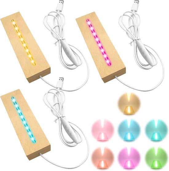 Houten LED-sokkel voor kristalkunst - 3 stuks verlichte displaybasis ...