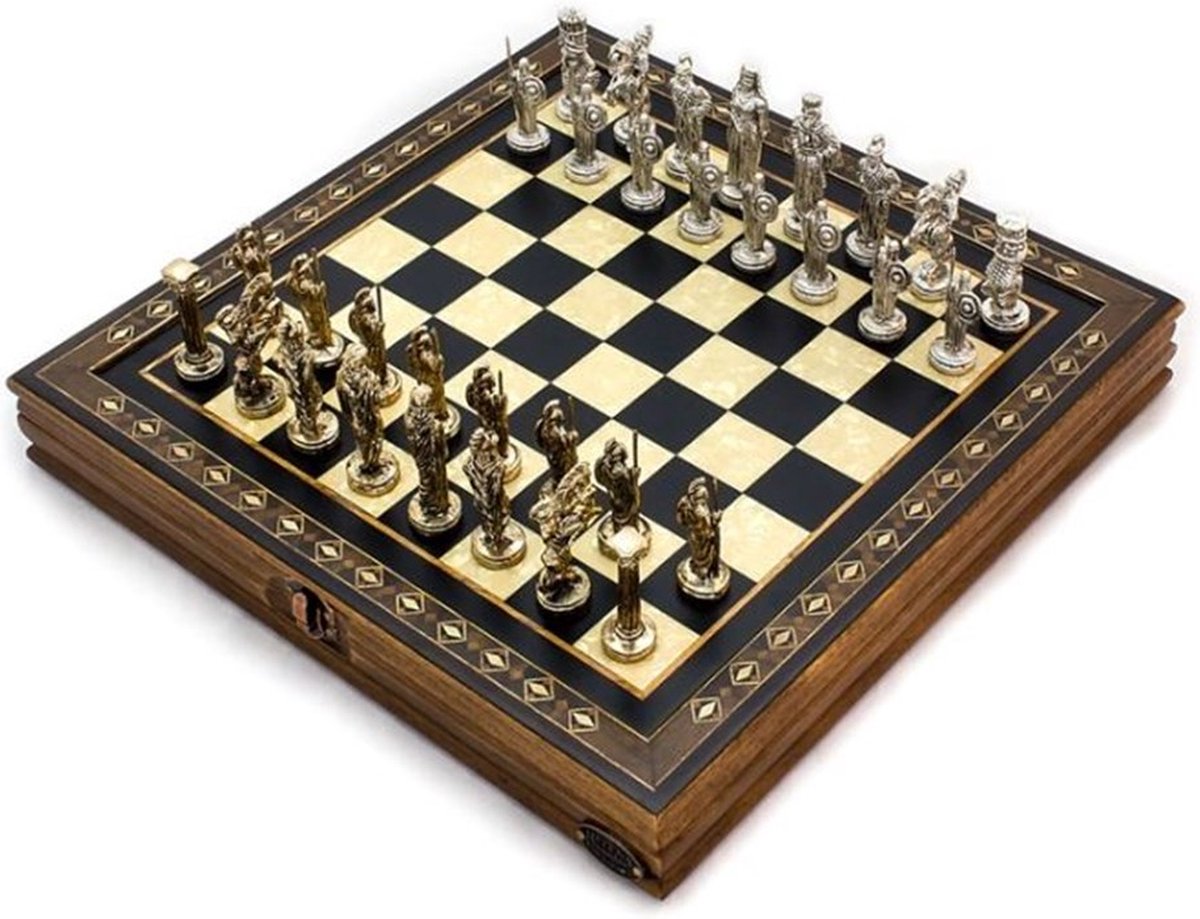 Handgemaakte houten schaakbord met opbergsysteem - Metalen ...