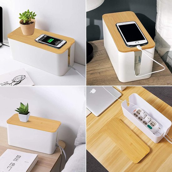 Set van 3 kabelboxen, wit, grote kabelorganizer, box met houten deksel ...