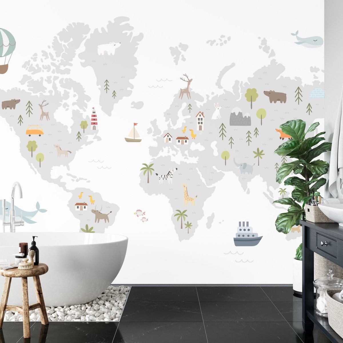 Fotobehang World Map With Cute Animals In Cartoon Style. Map For ...