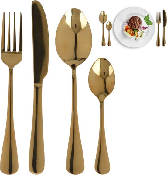 Cheqo® Luxe Gouden Bestekset - RVS - Mirror Polish Goud - 16 Delig ...