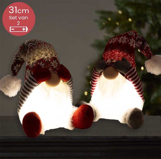 Handgemaakt gestreepte Gnomen-duo met LED verlichting en handen voor de ...