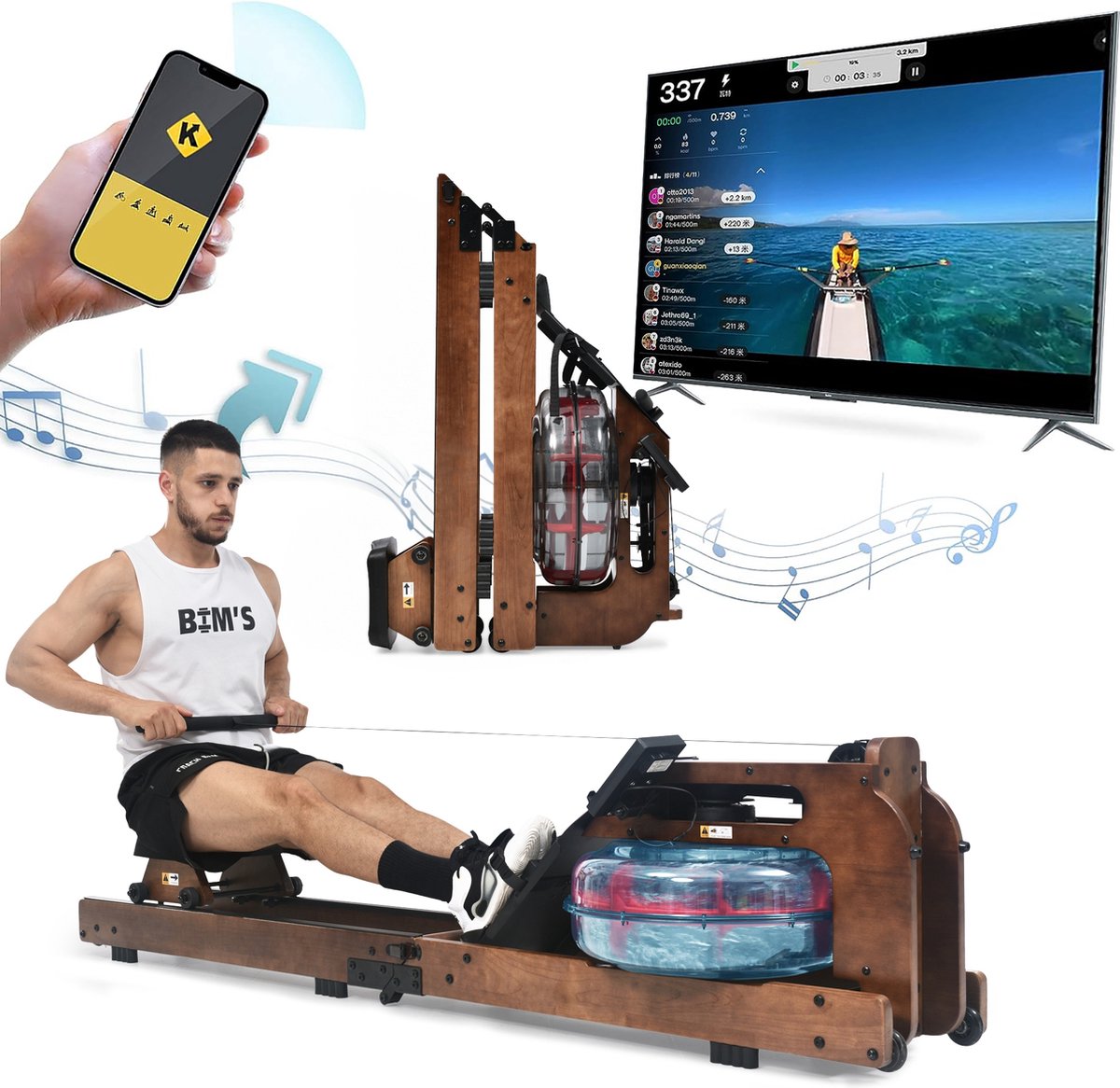 Merax Water Resistance Roeitrainer met APP - Houten Roeimachine met ...