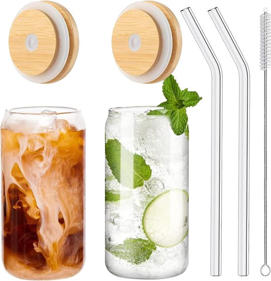 Bubble Tea bekers 2 stuks set - 2-delig 480 ml glazen - Herbruikbaar met RVS rietjes... | bol