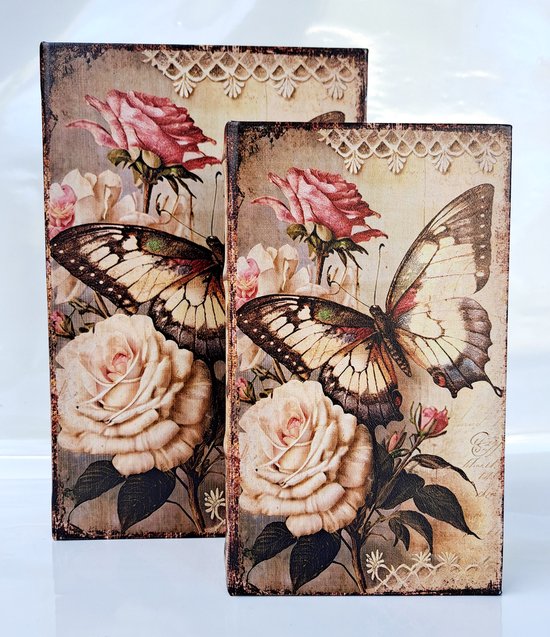 Opberg box vlinder met roos set van 2 BK139M2500 butterfly boekendoos ...