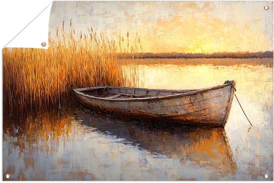 Oude roeiboot in riet - Boot buitenposter - Tuinwanddecoratie roeiboot ...