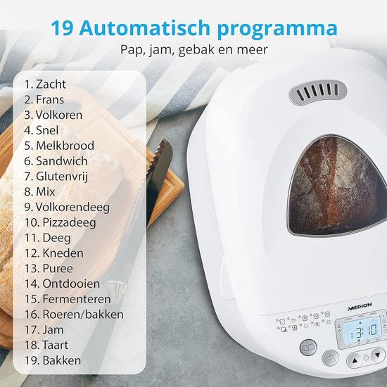 Broodbakmachine 550 Watt - 1000g - 19 Bakprogramma's - 3 ...