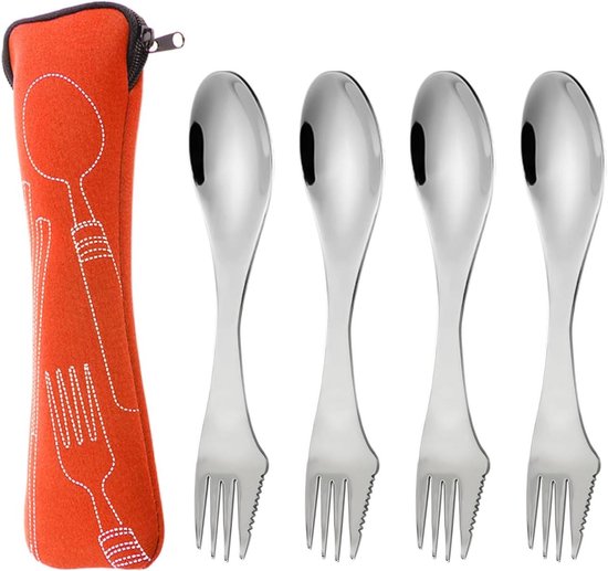 Draagbare bestekken en lepels - 4-delige set van roestvrijstalen bestek en lepels met... | bol