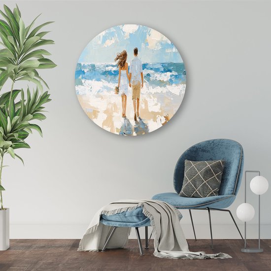 Romantisch stel op strandwandeling - Romantiek schilderij rond - Rond ...