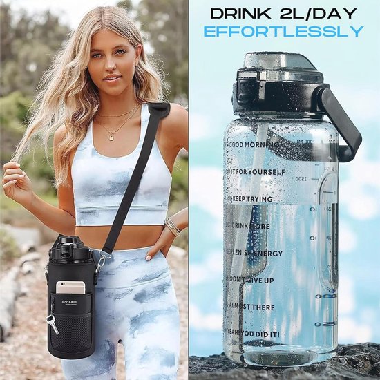 Motiverende Waterfles 2L met Neopreen Hoes | Sport Drinkfles met Riem ...