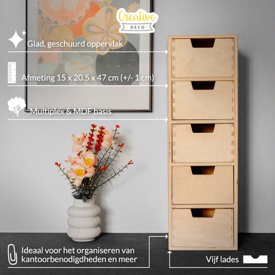 Creative Deco Houten Kist met 5 laden - Multiplex opbergkast - 15 x 20 ...