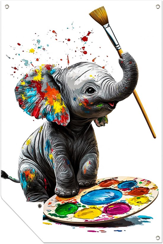 Schilderende olifant met kleuren - Olifant poster - Tuinkunst palet - Digital Art -... | bol