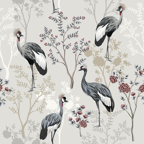 Grijs Muurbehang met Bloemen en Bladeren - Zelfklevend - 44,5 cm x 300 ...