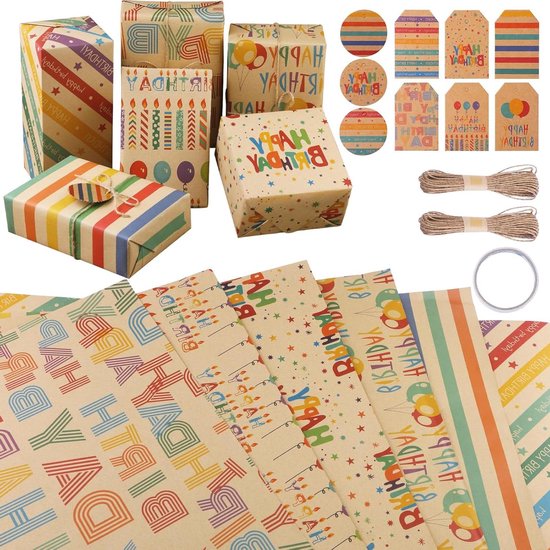 Birthday Wrapping Paper Set - 6 Brown Recyclable Sheets with Tag ...