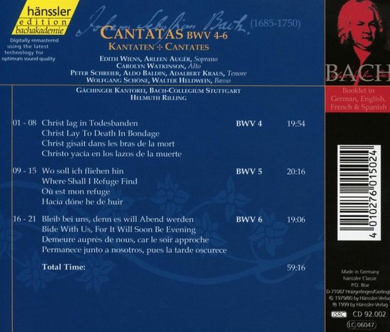 Bach-Ensemble, Helmuth Rilling - J.S. Bach: Cantatas Bwv 04, 05, 06 (CD ...