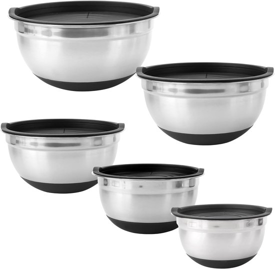 Set of 5 Stainless Steel Bowls with Lid, 16 cm, 18 cm, 20 cm, 22 cm, 24 ...