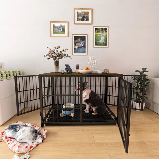 Lynly - Hondenkooi met houten plank maat XXL zwart - Bench metaal en ...