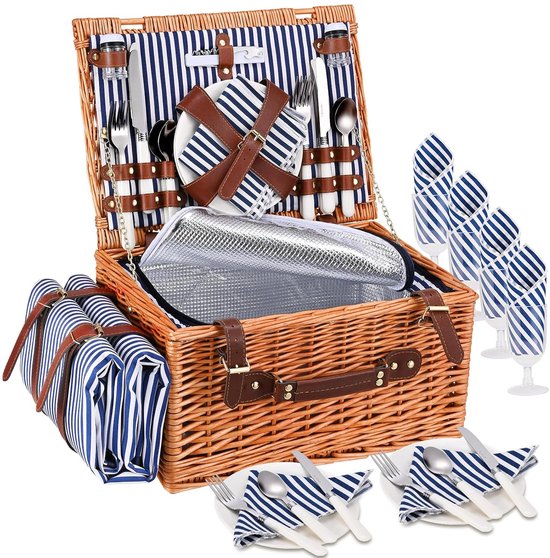 Wicker Picnic Basket for 4 People - Waterproof Blanket and Cutlery Set ...