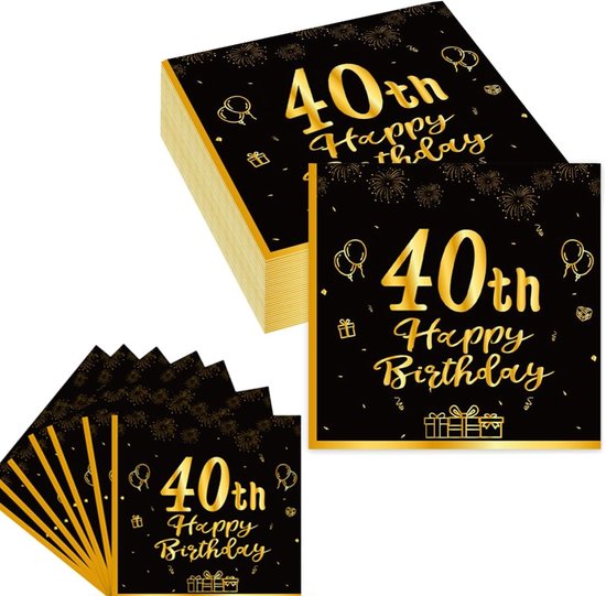 40ste Verjaardag Verjaardagsservetten - 40 Stuks - Zwart en Goud ...