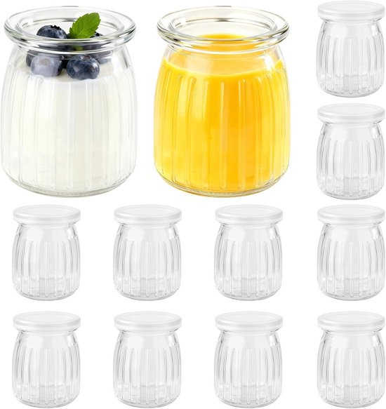 Set van 12 glazen yoghurtpotjes met deksel, 150 ml, ideaal voor yoghurt ...